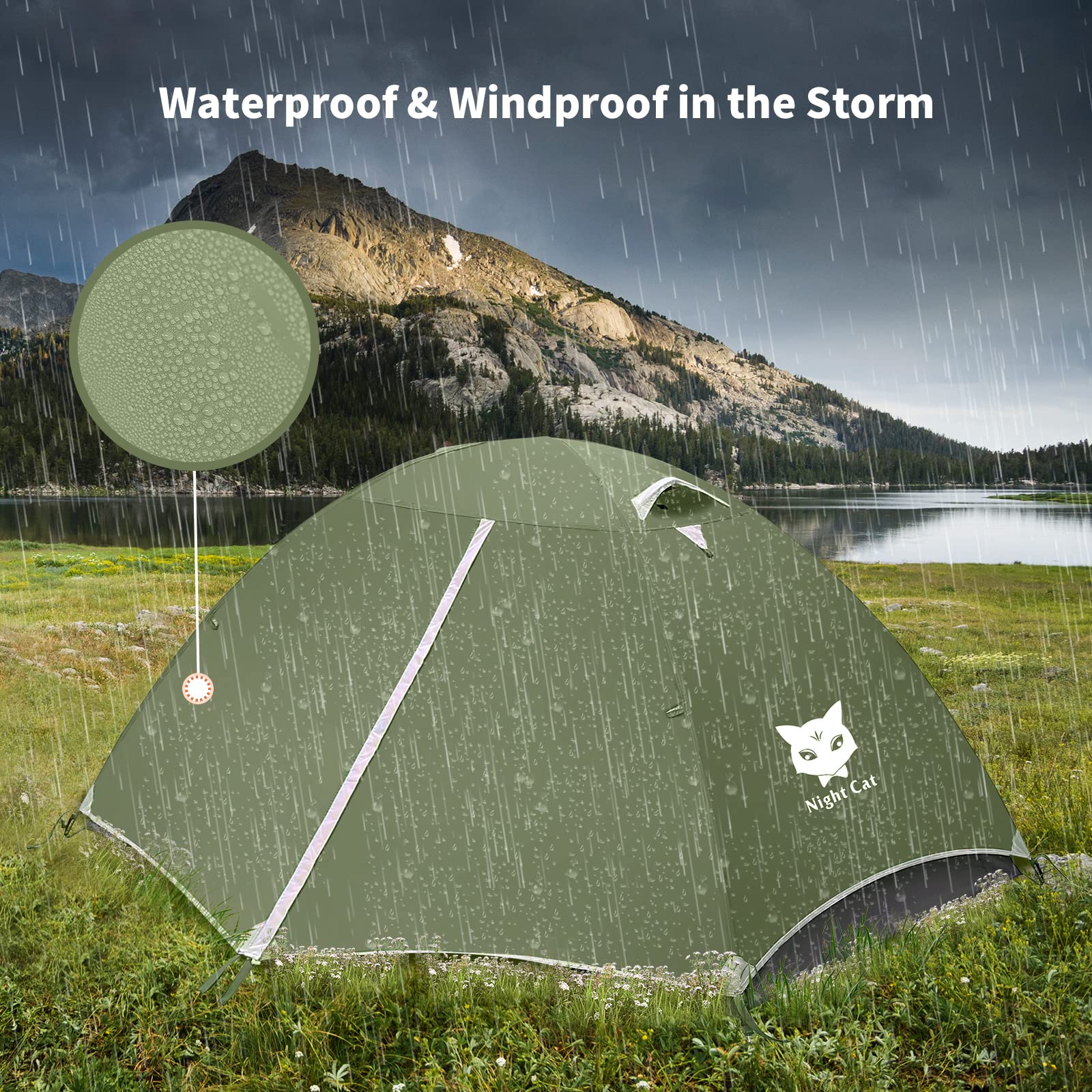 Night Cat Backpacking Tent 2 Persons with Aluminium Pole Double Layers Camping Tent Adults Rainproof Lightweight Easy Setup Two Doors Hiking Mountaineering 2.2x1.4m