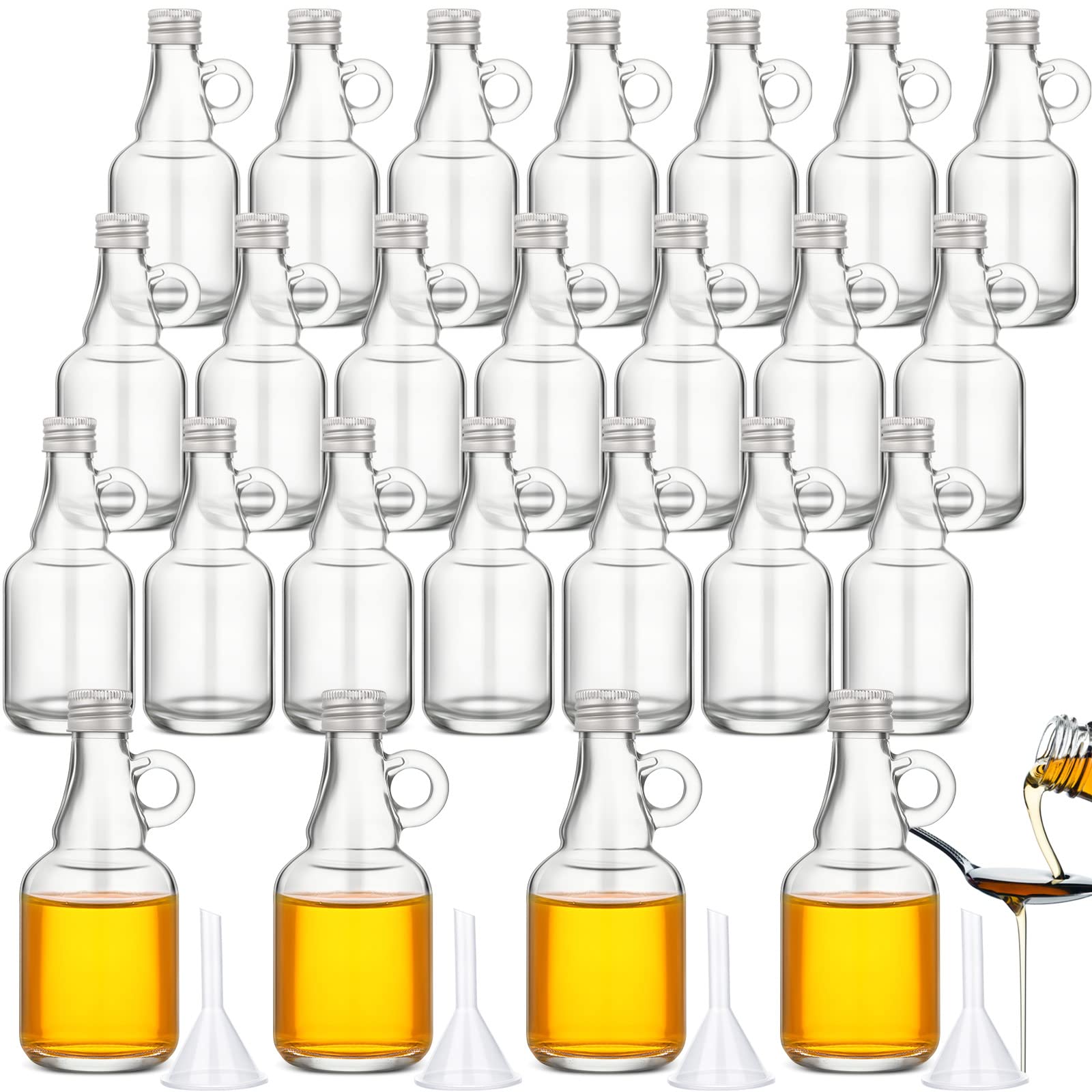 Meanplan Glass Syrup Bottles Bulk Maple Syrup Bottles with Aluminum Lids Syrup Container Maple Syrup Jar and Funnels for Potion Juice Milk Storage Gift Sauce Oil, 3.5 oz (28 Pcs)