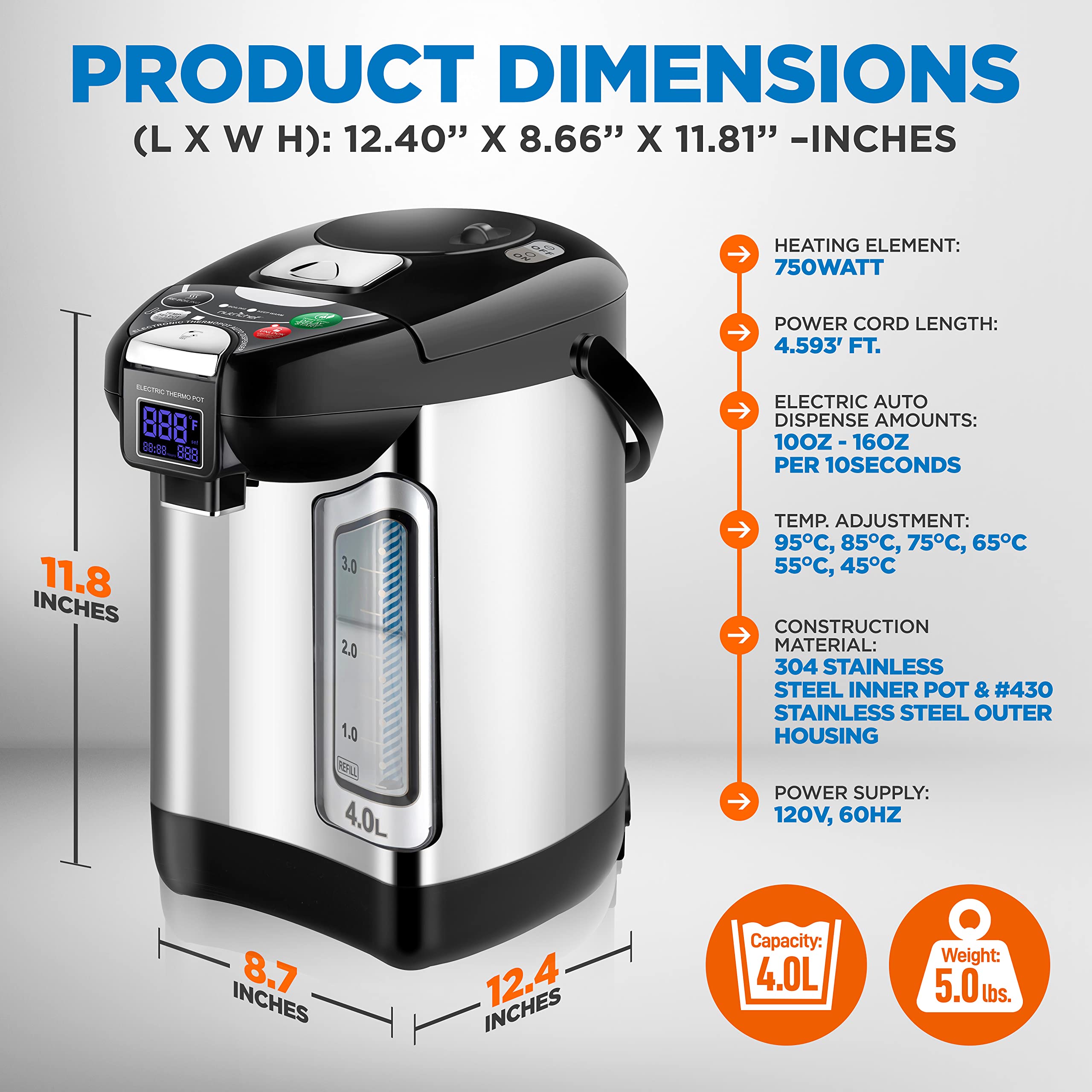 NutriChef Digital Water Boiler and Warmer - 3L/3.17 Qt Stainless Electric Hot Water Dispenser w/ LCD Display, Rotating Base, Keep Warm, Auto Shut Off, Safety Lock, Instant Heating for Coffee & Tea