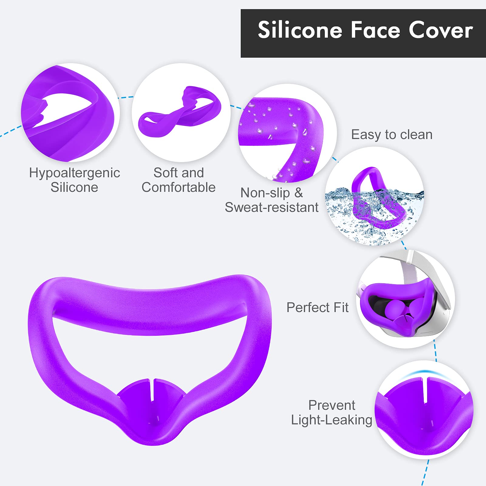 Silicone Face Cover for Oculus Quest 2 & Lens Protective Cover 2 Pairs, EWalos VR Headset Cover Replacement Accessories, Reduce Face Pressure, Sweatproof and Enhance Comfort(Black+Purple)