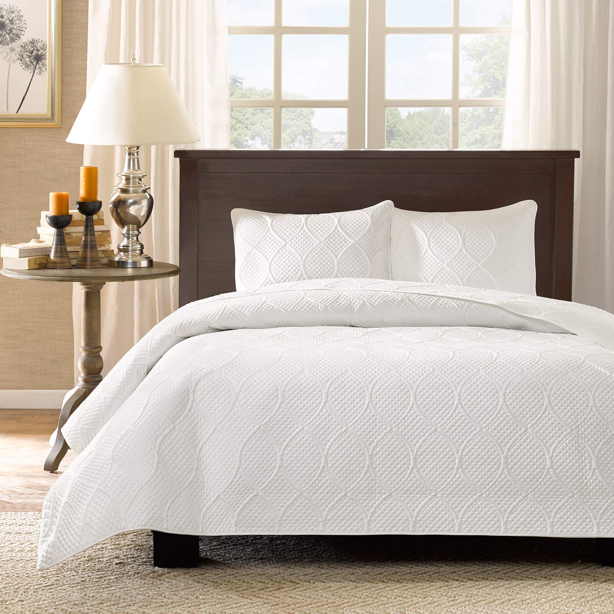 Madison Park Corrine Full/Queen Size Quilt Bedding Set - White, Patterned Texture – 3 Piece Bedding Quilt Coverlets – Ultra Soft Microfiber Bed Quilts Quilted Coverlet