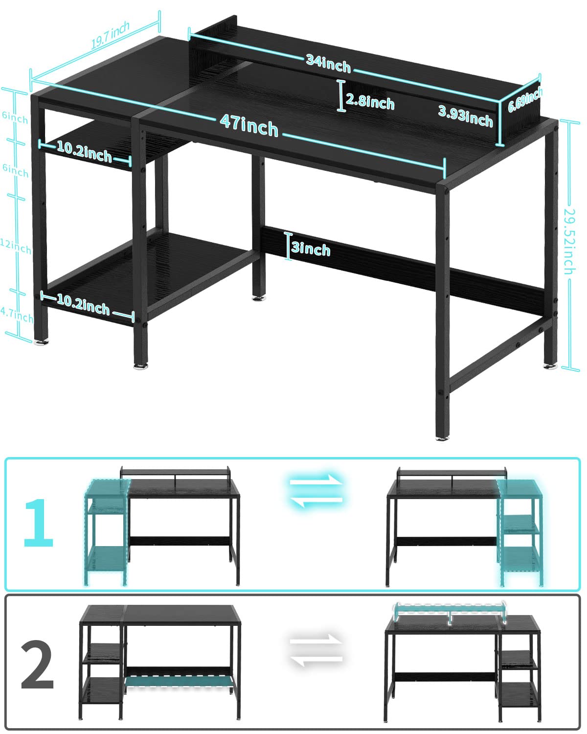 MINOSYS Computer Desk - 47” Gaming Desk, Home Office Desk with Storage, Small Desk with Monitor Stand, Storage Space-Savor, Modern Table, Black.