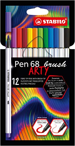 Premium Fiber-Tip Pen with Brush Tip - STABILO Pen 68 brush ARTY - Pack of 12 - Assorted Colors