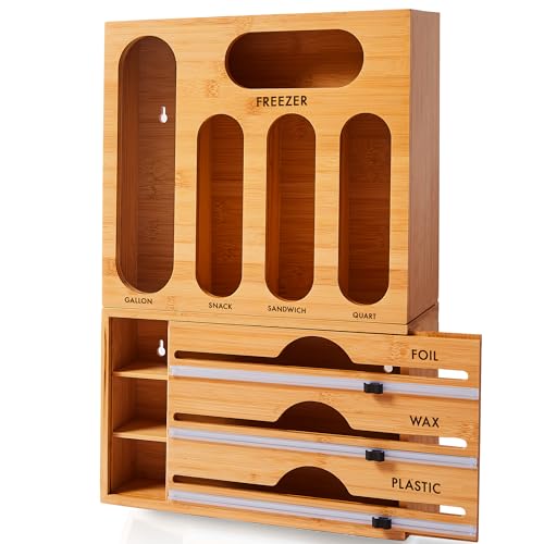 PANDAWOOD 8 IN 1 Storage Bag Organizer - Bamboo Plastic Bag Organizer - Foil Plastic Wrap Dispenser with Cutter - Kitchen Organizers Storage - Kitchen Drawer Organizer For Sandwich Bag, Food Bag