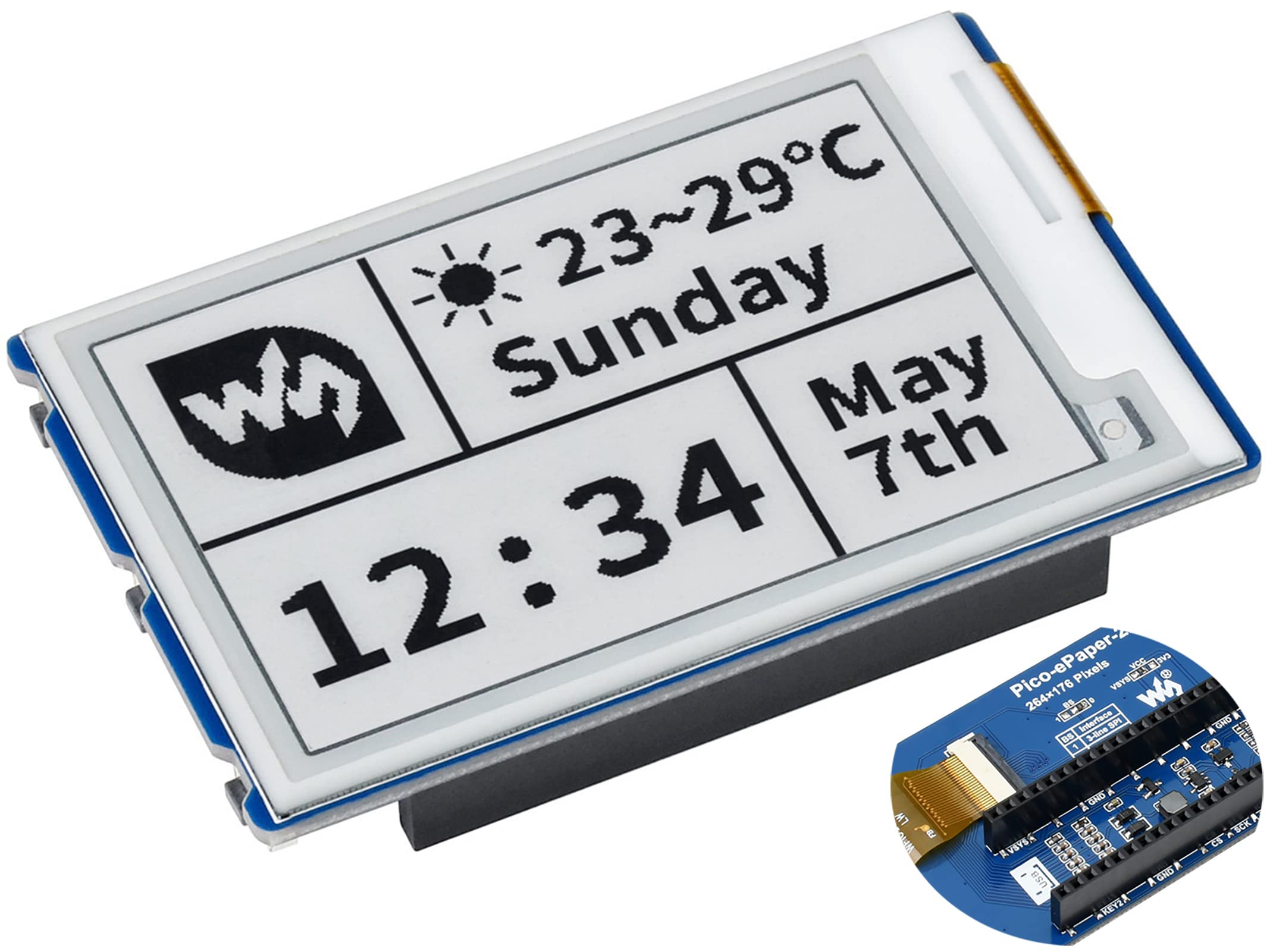 waveshare 2.7inch E-Paper Display Module for Raspberry Pi Pico, 264×176 Resolution Black/White Two-Color E-Ink Screen, SPI Interface 4 Grayscale,with Three User Buttons for Easy Interacting