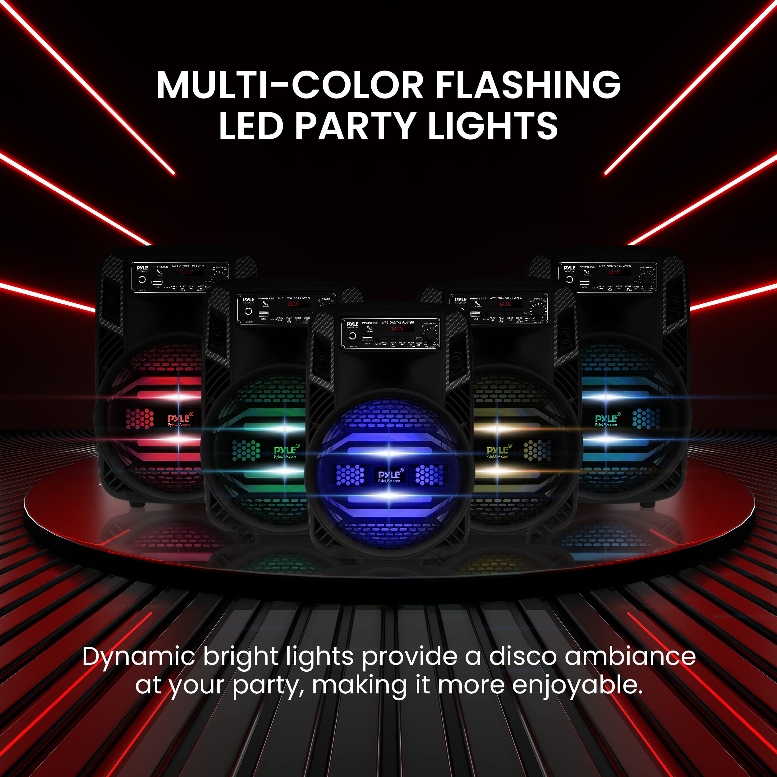 Pyle Portable Bluetooth PA Speaker System - 300W Rechargeable Outdoor Bluetooth Speaker Portable PA System w/ 8β Subwoofer 1β Tweeter, Microphone In, Party Lights, MP3/USB, Radio, Remote -PPHP835B