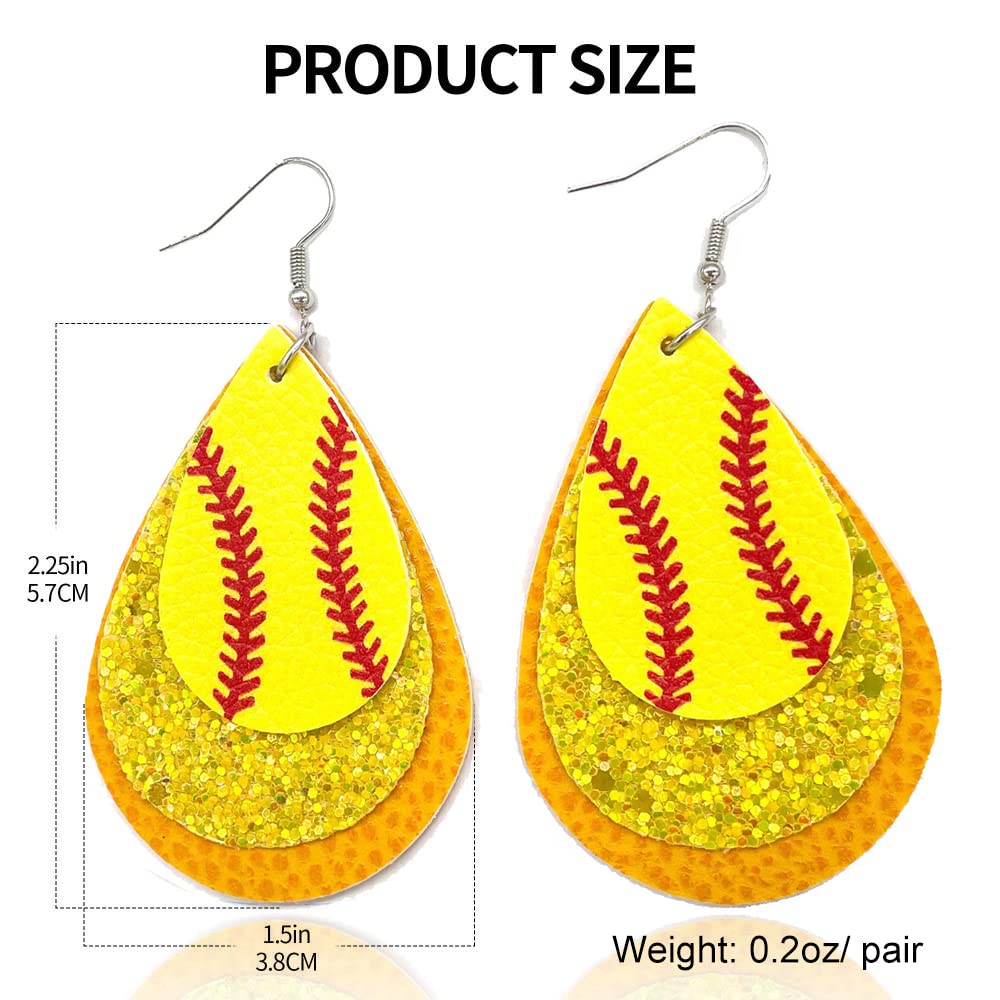 Softball Earrings for Women Genuine Leather Glitter Lightweight Jewelry Teardrop Dangle Earrings
