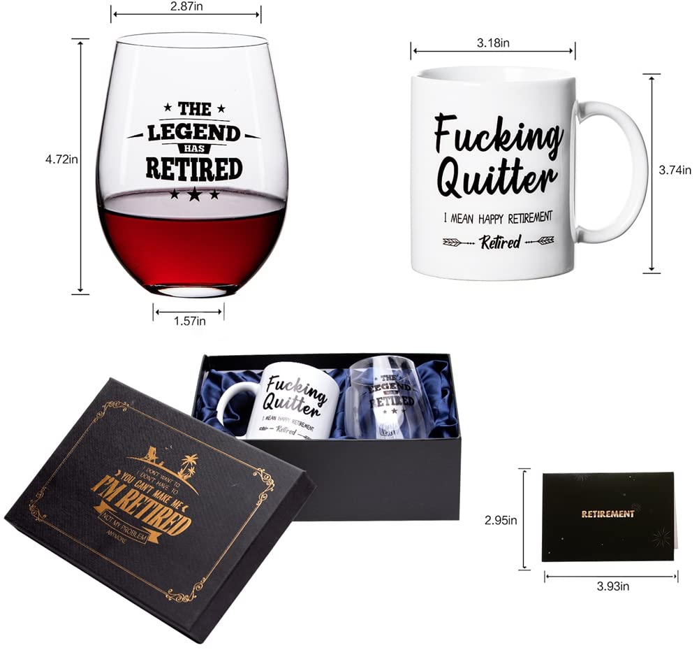 PUGED Unique Retirement Gift for Men Gifted Package Set 11 oz Coffee Mug and 18 oz Stemless Wine Glass Funny Male Retired Idea Goodbye Gift for Coworkers Office, Grandpa, Dad and Husband