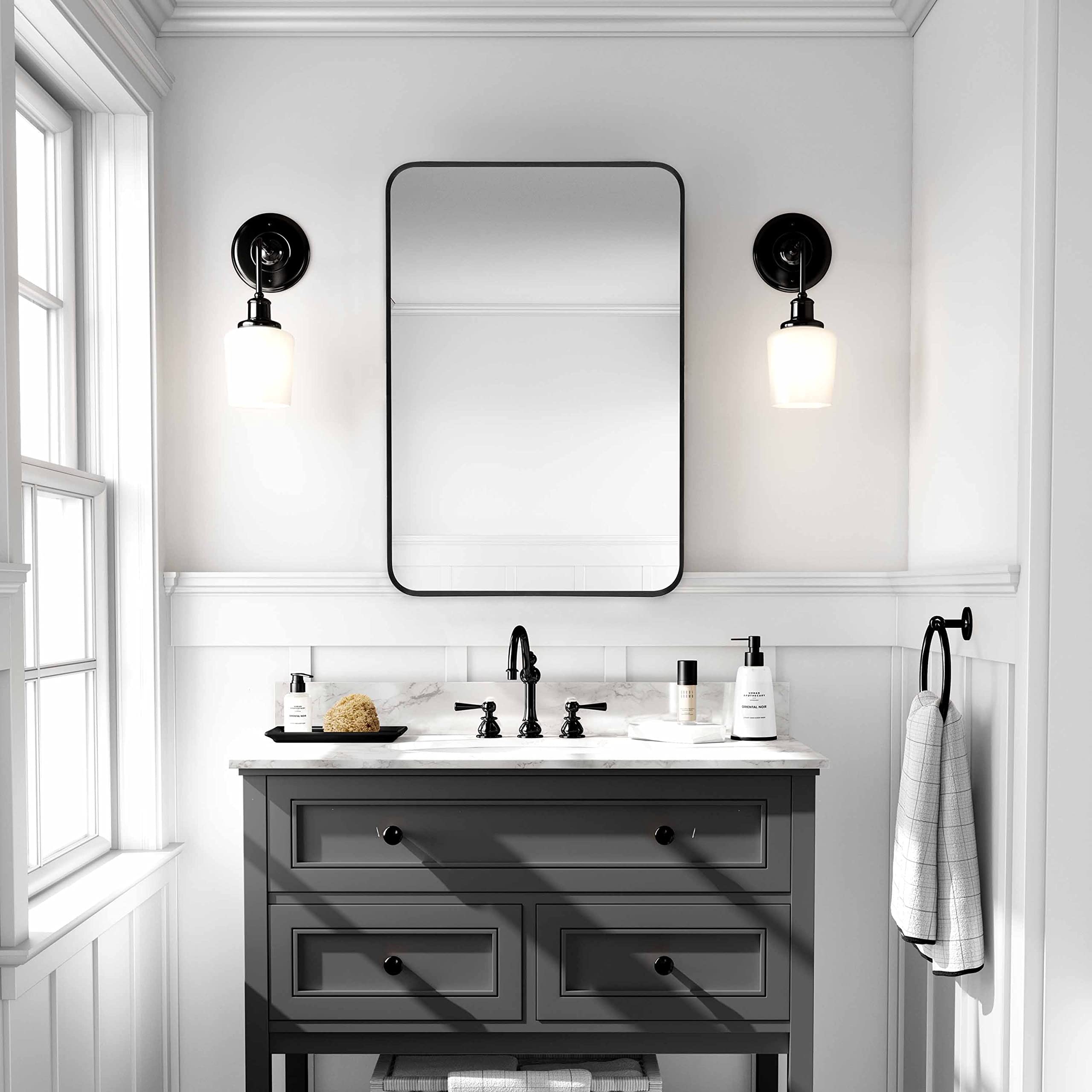 Minuover Bathroom Vanity Mirror for Wall, Brushed Black Metal Framed Large Rounded Corner Rectangular Mirror, Hangs Vertically or Horizontally (30" x 40", Black)