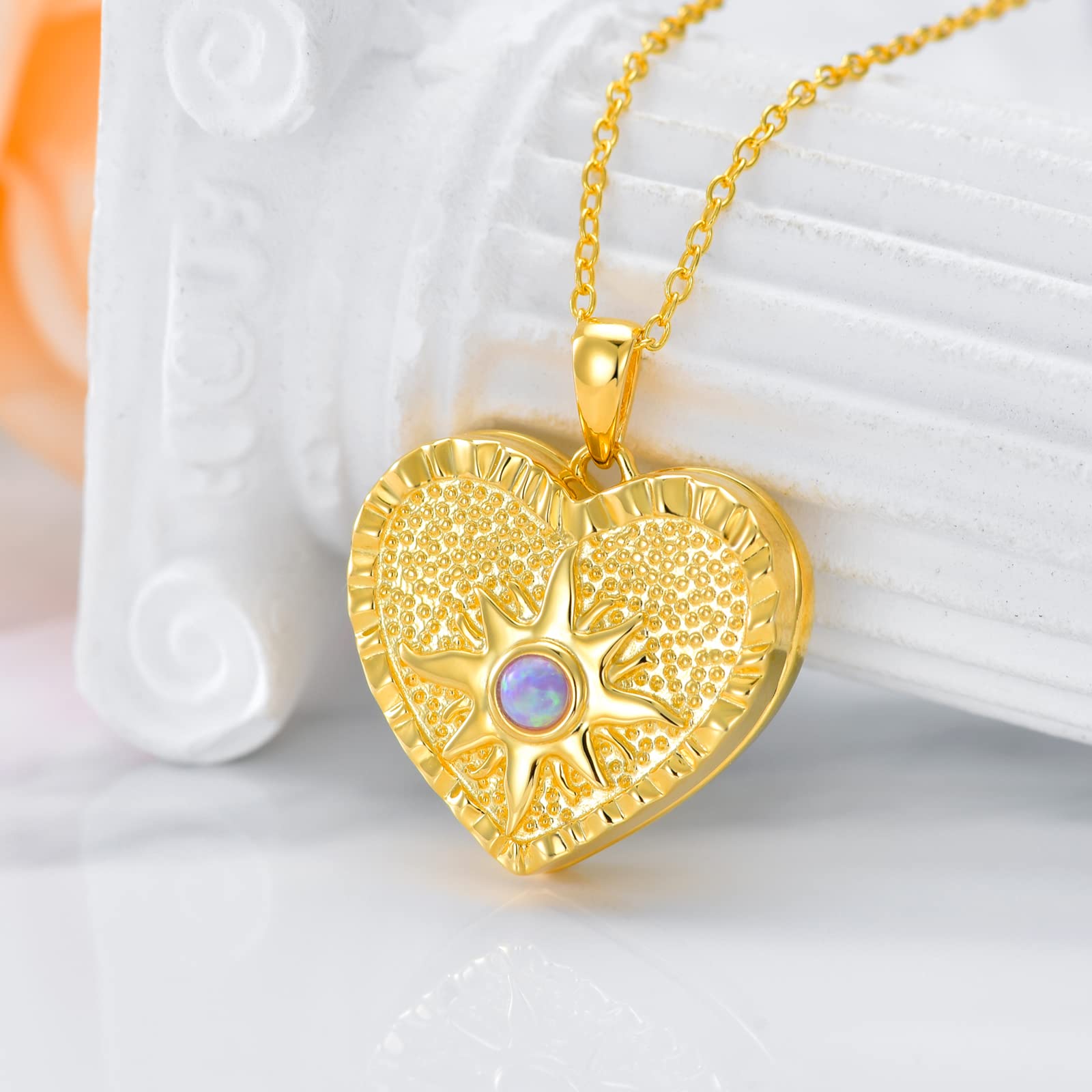 SOULMEET 10K 14K 18K Solid Gold/Plated Gold Pink Opal Starburst Locket Necklace That Holds Picture, You Light Up My Life Gold Locket Personalized Letters Engraved (Custom Photo & Text)