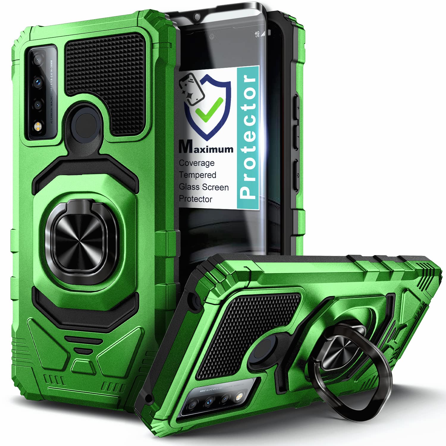 NZND Case for TCL 20 XE with Tempered Glass Screen Protector (Maximum Coverage), Full-Body Protective [Military-Grade], Magnetic Car Ring Holder, Heavy-Duty Cover Case (Green)