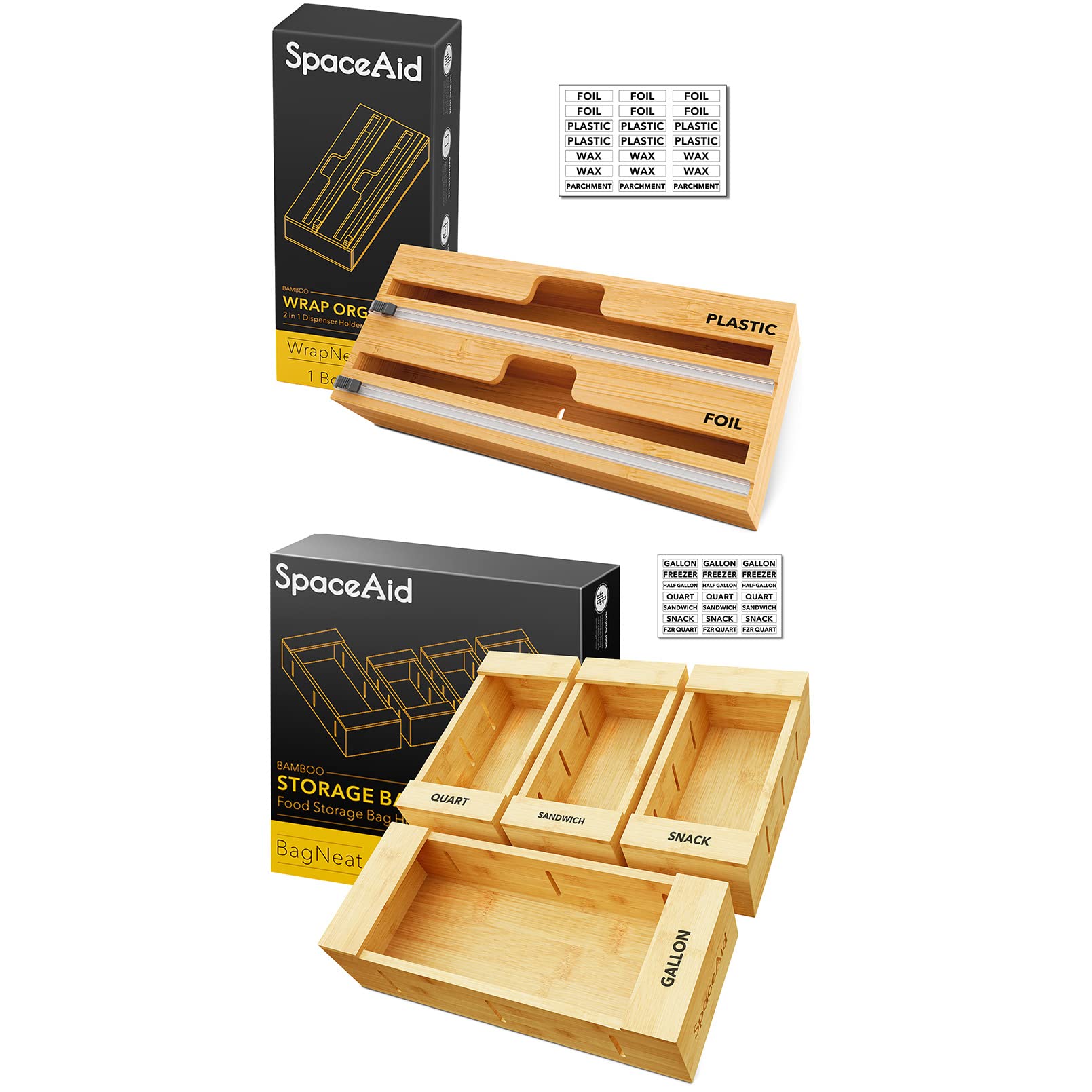 SpaceAid WrapNeat 2 in 1 Wrap Dispenser with Cutter and Labels, Bag Storage Organizer for Kitchen Drawer, (4 Pack)