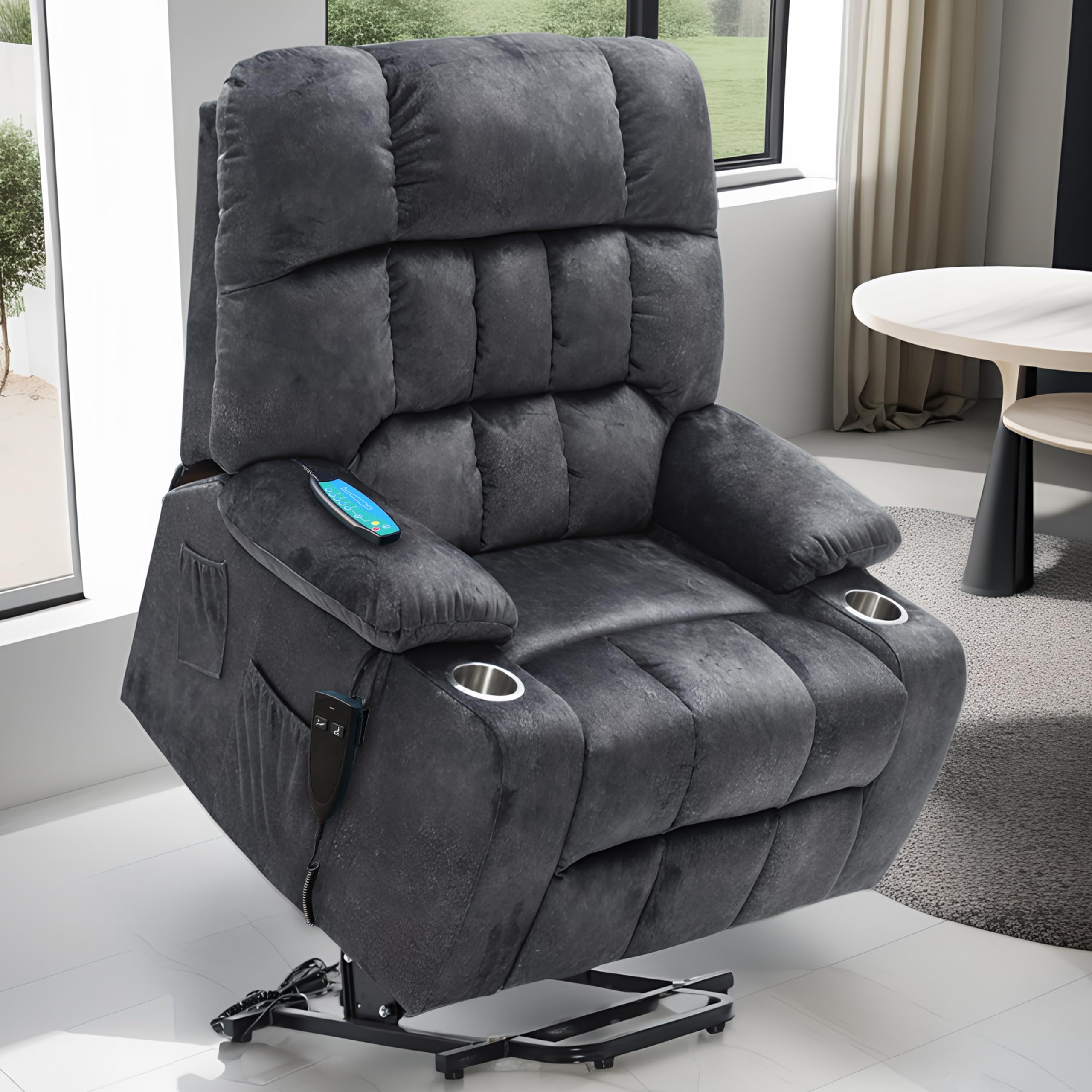 PUG258Y Lift Chair for Big and Tall Person with Inconvenient Legs: 9688 High Density Foam Lift Sofa with Heat and Massage, 2 Pockets, 2 Cup Holder, 2 Remote, OKIN Motor, Fabric - Granite Black