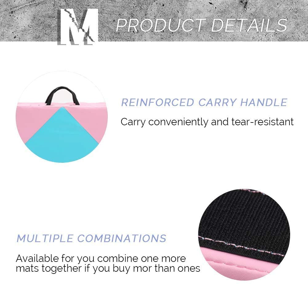 PanAme Folding Gymnastics Exercise Mats, 8βx4βx2β Thick Gymnastics Tumbling Mats, Lightweight Gymnastics Panel Mat with Carrying Handle for MMA, Yoga, Home Gym, Fitness(Pink&Blue)