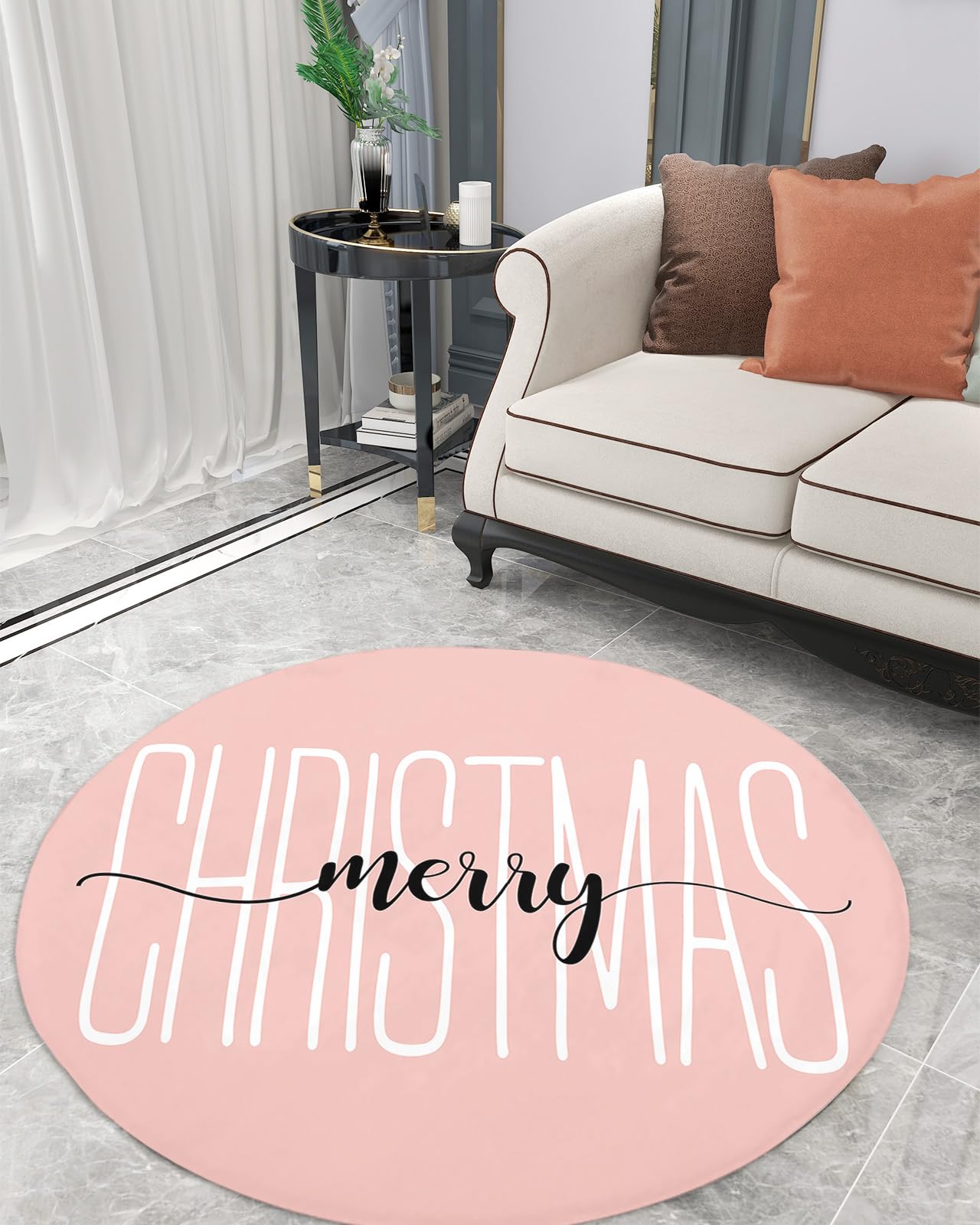 Merry Christmas Fluffy Round Area Rug Carpets 4ft, Plush Shaggy Carpet Soft Circular Rugs, Non-Slip Fuzzy Accent Floor Mat for Living Room Bedroom Nursery Home Decor Blush Pink Xmas Holiday