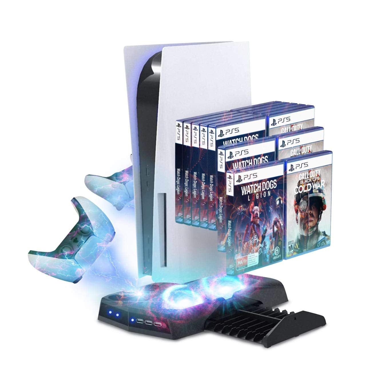 PS5 ALL-IN-ONE Cooling Fan Stand Accessories with Game Storage for SONY PlayStation 5 Standard / Digital Edition Vertical Console, 3 USB Ports, Dual Fast Charger DualSense Controller Station by LIVIOR