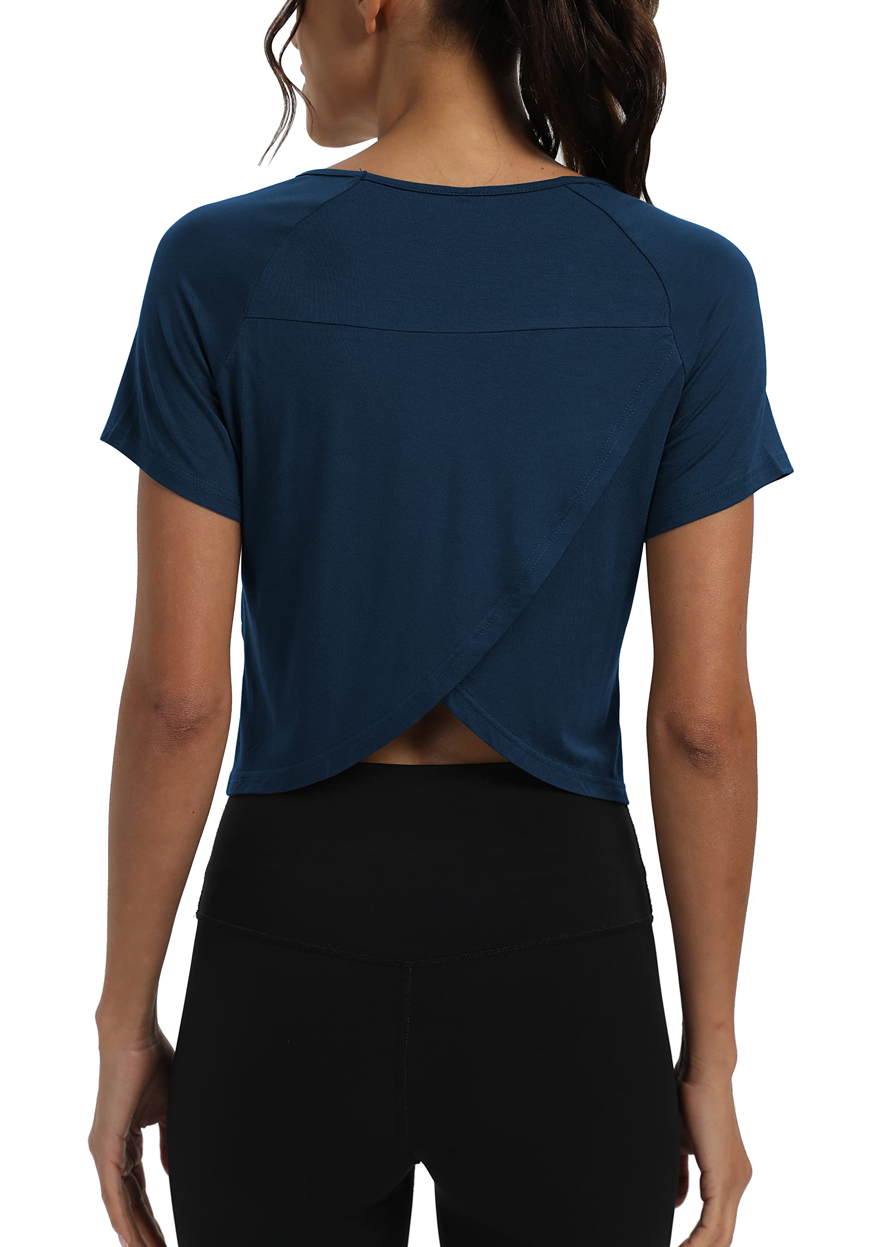 Mippo Short Sleeve Workout Tops Athletic Shirts Gym Clothes Exercise Tees Sports Running Active Wear Cute Work Out Crop Top TShirts for Women Loose Fit Navy Blue L