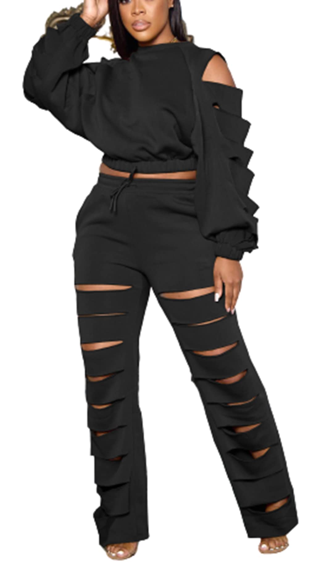Salimdy 2 Pieces Outfits Women Sweatsuits Ripped Long Sleeve Crop Sweatshirt and Pants with Pockets Tracksuits Set Black Large