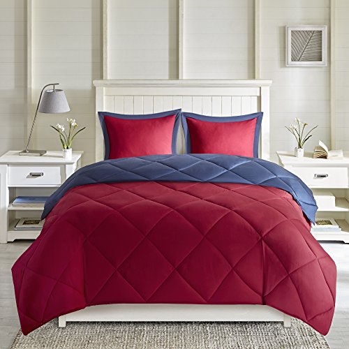 Madison Park Larkspur All Season Reversible Two Sides Down Alternative Set 3M Stain Release Comforters, Full/Queen, Red/Navy 3 Piece