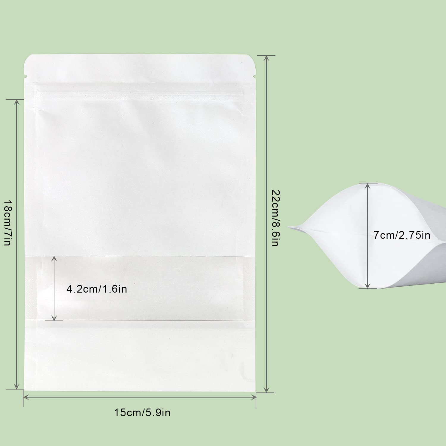 SumDirect White Kraft Stand Up Bags Pouches Resealable Bag with Zip Lock and Matte Window for Food Storage, 5.9x8.6 Inches, 13oz, Pack of 50