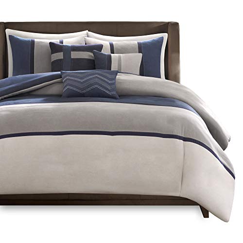 Madison Park Palisades Duvet Cover Full/Queen Size - Navy, Grey, Pieced Stripe Duvet Cover Set β 6 Piece β Micro Suede Light Weight Bed Comforter Covers