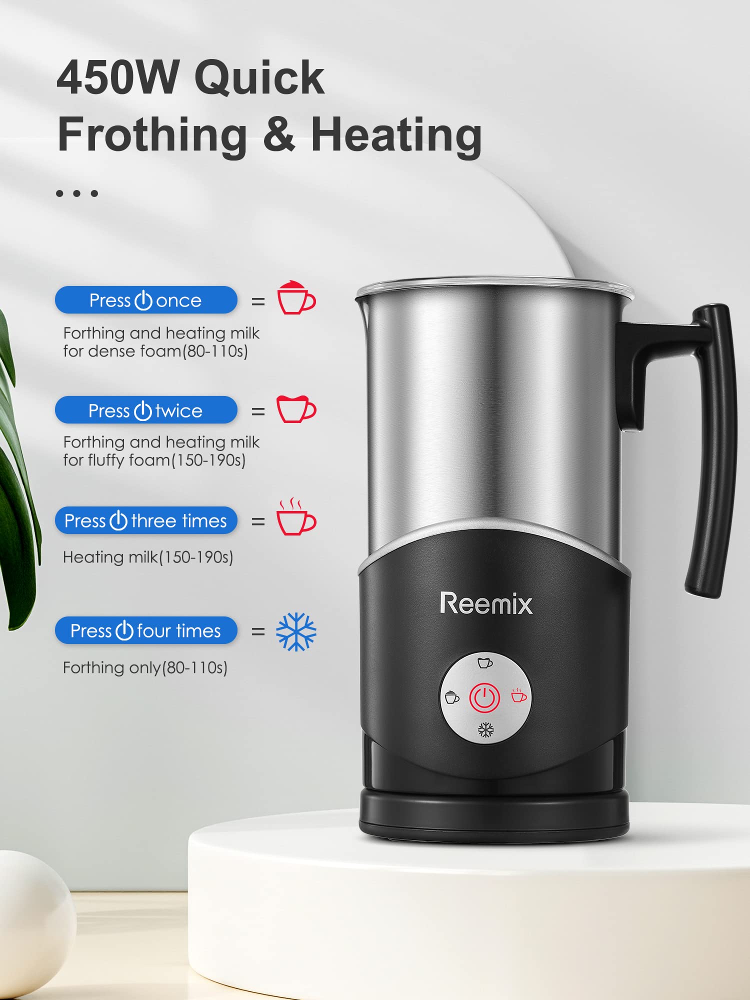 Milk Frother, Reemix 11.8oz Electric Milk Steamer Soft Foam Maker With Large Open,4 IN 1 Multifunction for Hot & Cold Froth, Automatic off & Easy Cleaning,Silent Operation (Silver)