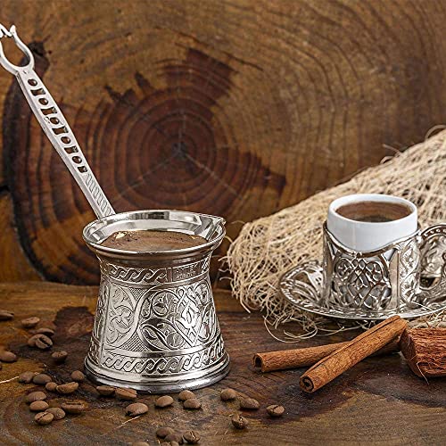 Turkish Coffee Pot, Moka Pot, Espresso Maker for the Stove Top, Camping Coffee Pot, Handmade Greek Arabic Coffee Warmer Cezve with Brass Handle, Stainless Steel Inside (Small 8 oz, Silver)