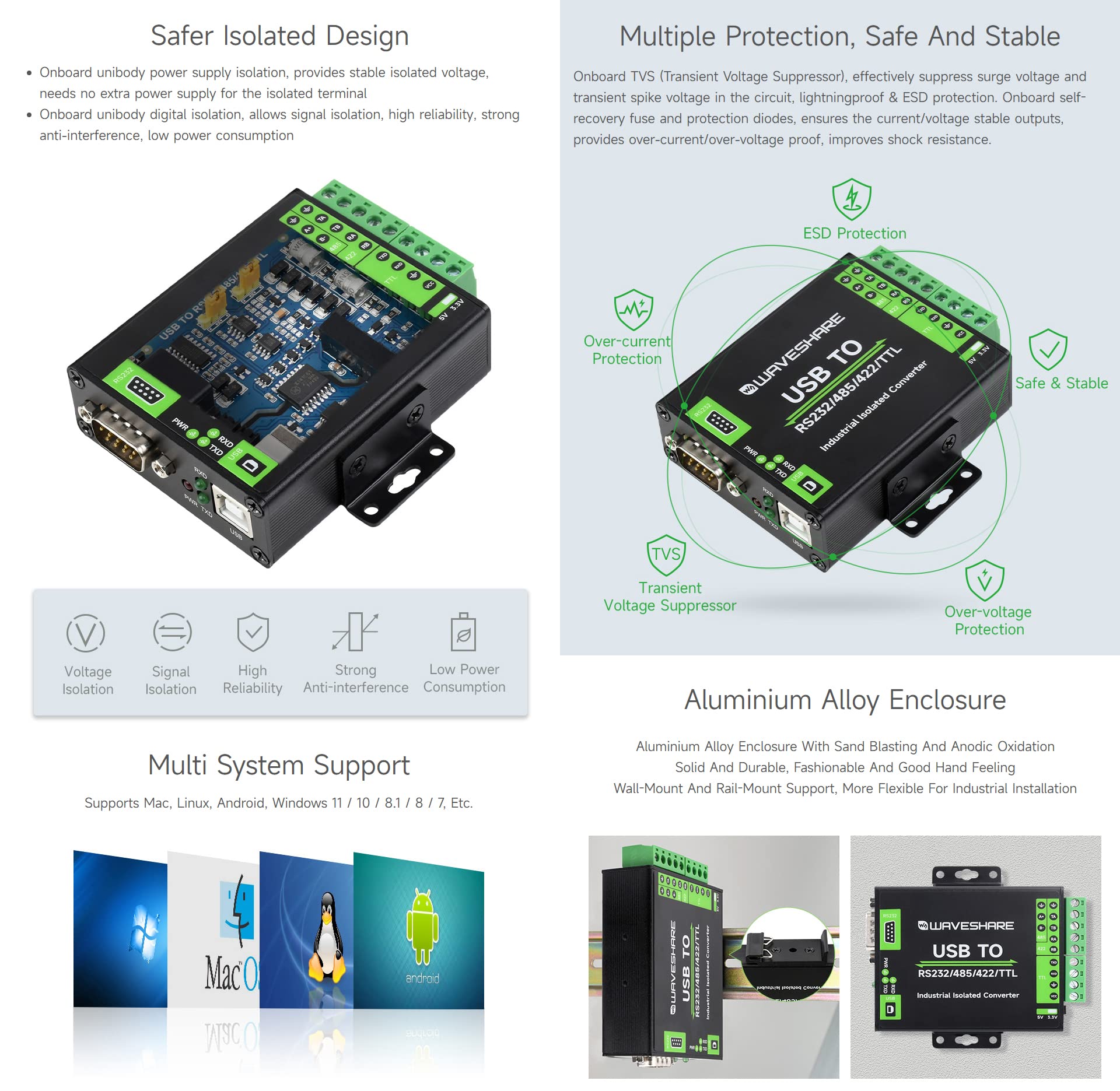 waveshare FT232RNL USB to RS232/485/422/TTL Interface Converter, Industrial Isolation