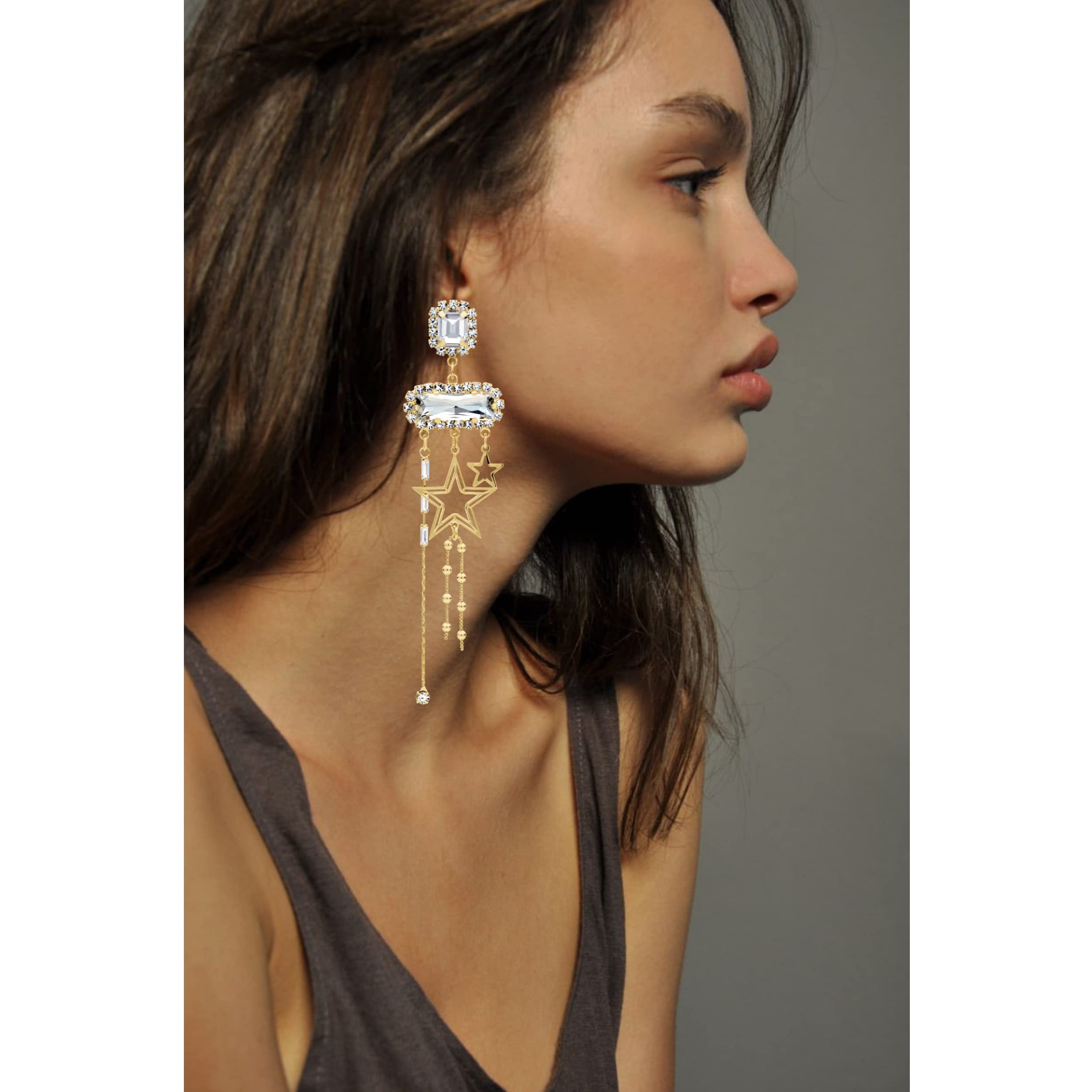 Shooting Star Celestial Chandelier Rectangle Crystal Gold Long Drop Dangle Halloween Kitsch Earrings Prom Christmas Birthday Wedding Valentines