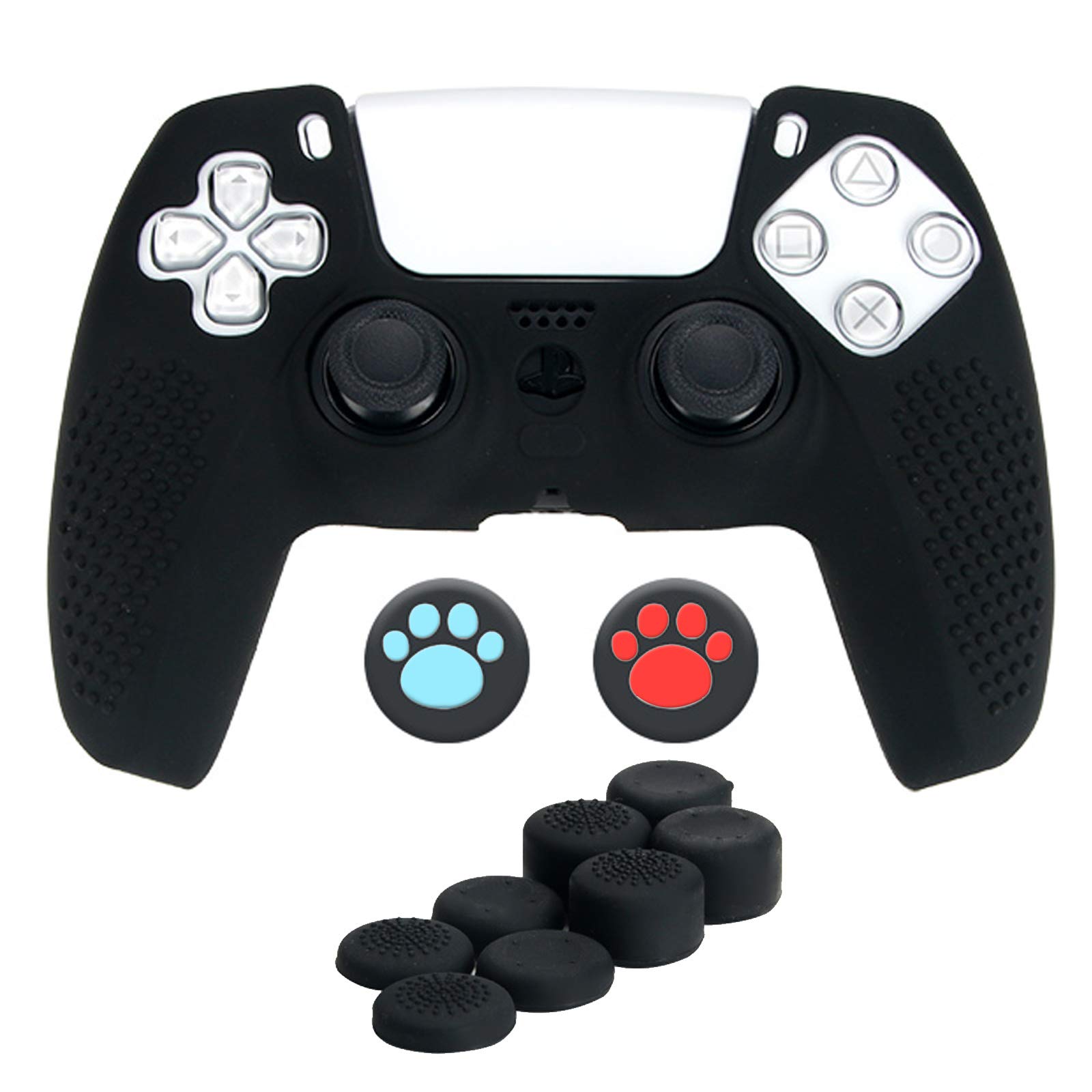 PS5 Controller Grip Cover, HengLiSam Anti-Slip Silicone Skin Protective Cover Case for Playstation 5 DualSense Wireless Controller with 8 Thumb Grip Caps+2Cat paw Caps (Black)