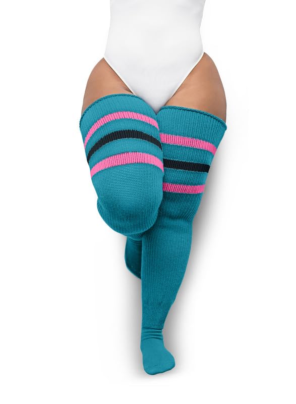 Thunda Thighs Plus Size Thigh High Socks, Over the Knee High Boot Stockings Leg Warmers, Extra Long & Thick Socks Aqua Neon