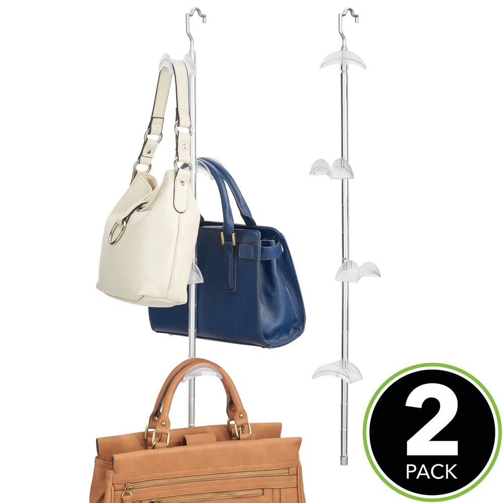 mDesign Aluminum Over The Closet Rod Hanging Storage Organizer Hanger for Storing and Organizing Purses, Backpacks, Satchels, Crossovers, Handbags - 4 Hooks - 2 Pack - Silver/Frost