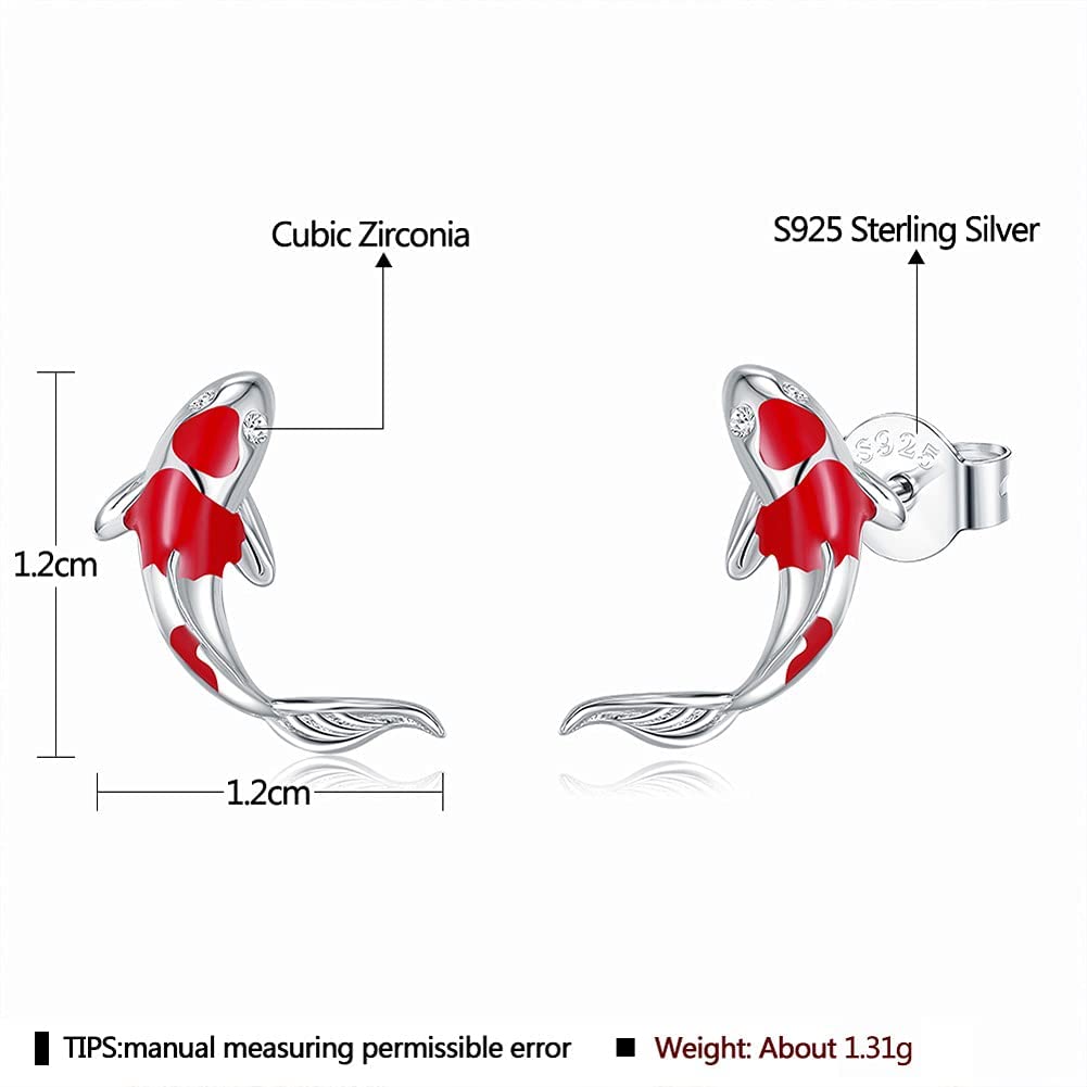 Rofeego S925 Sterling Silver Koi Fish Stud Earrings,hypoallergenic Red Carp Jewelry Gifts ﻿