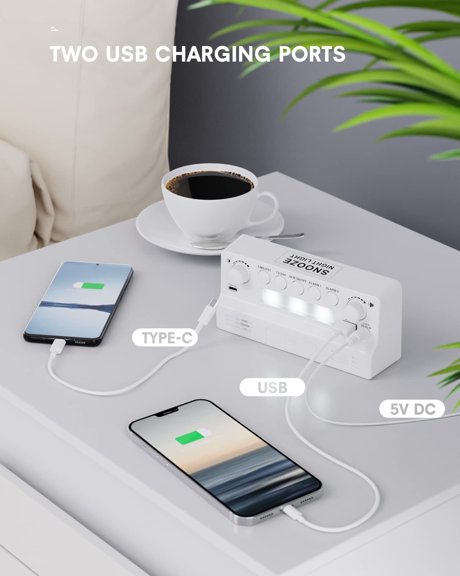 Mesqool Digital Alarm Clock for Bedroom, White, 7-Inch Screen, Adjustable Brightness, Loud Alarm, USB Charger, 12H/24H Time Format, Night Light, Dual Alarms, 18-Month Warranty