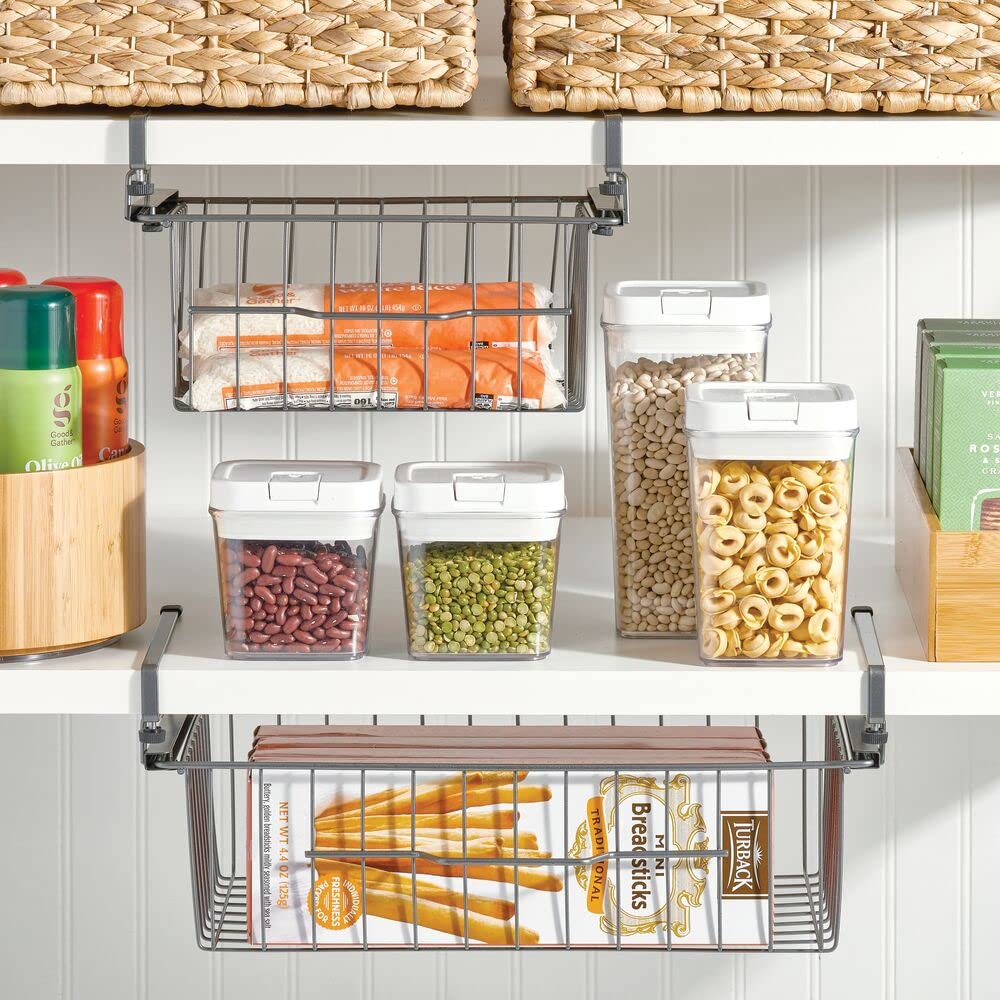 mDesign Compact Hanging Pullout Drawer Basket - Sliding Under Shelf Storage Organizer - Metal Wire - Attaches to Shelving - Easy Install - for Kitchen, Pantry, Cabinet - White