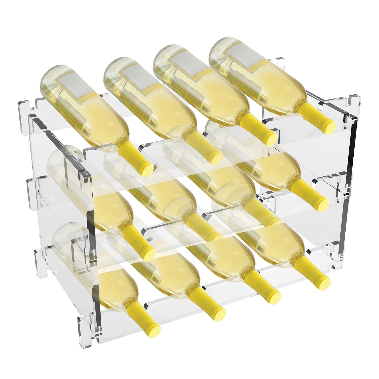 Stackable Modular Wine Rack 12 Bottle, Transparent Acrylic Plastic Free Standing Floor 3-Tier Display Small Wine Holde for Home Kitchen Bar Cabinets Dining Room Living Room