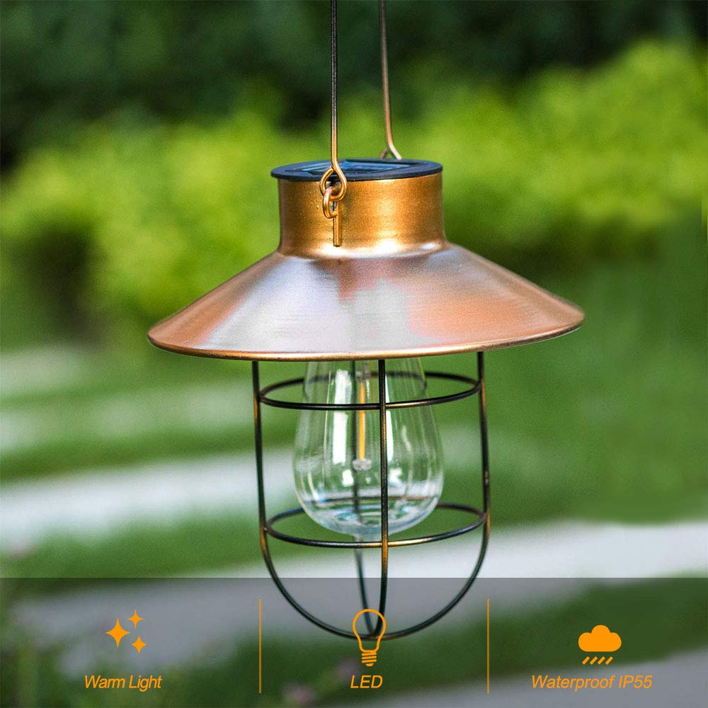Retro Metal Solar Lanterns Outdoor Hanging Warm White Solar Garden Lights with Shepherd Hook, Greenke Waterproof Retro Pendant lamp for Pathway Patio Yard Decor (Large/ Copper)