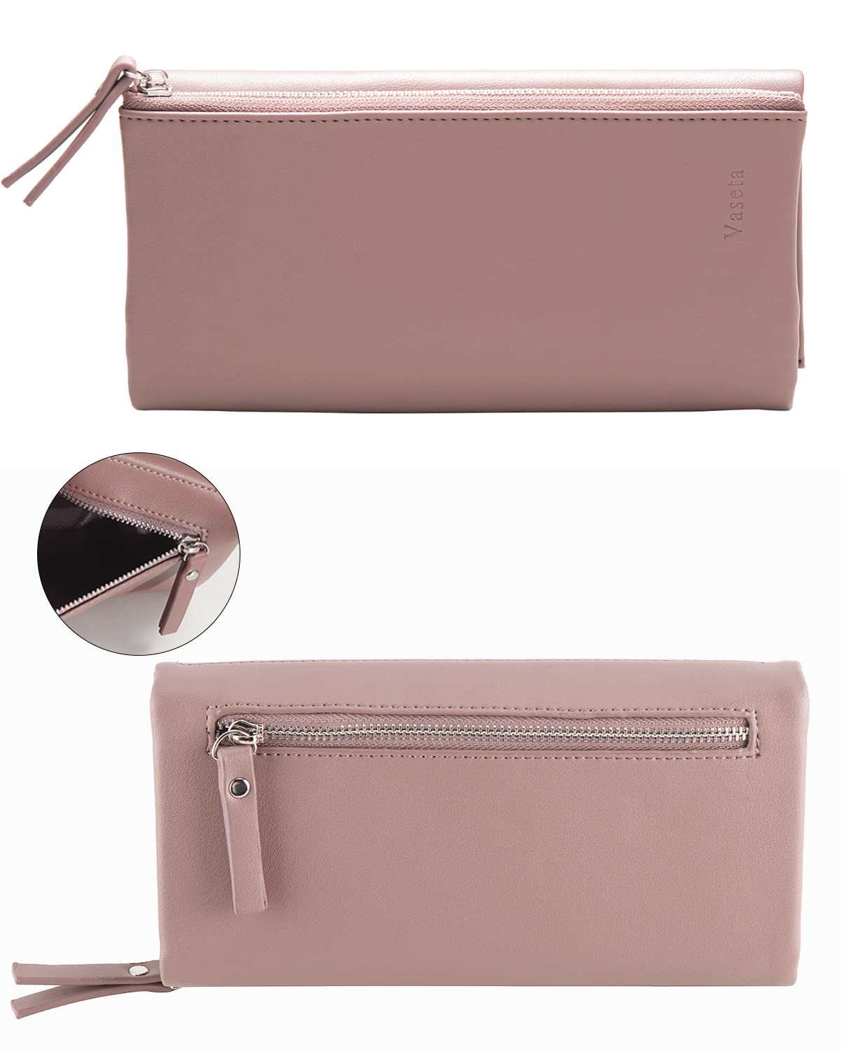 VASETA Wallets for Women Clutch Wallet RFID Blocking Leather Ladies Wallet Credit Cards Organizer with Zipper Pocket