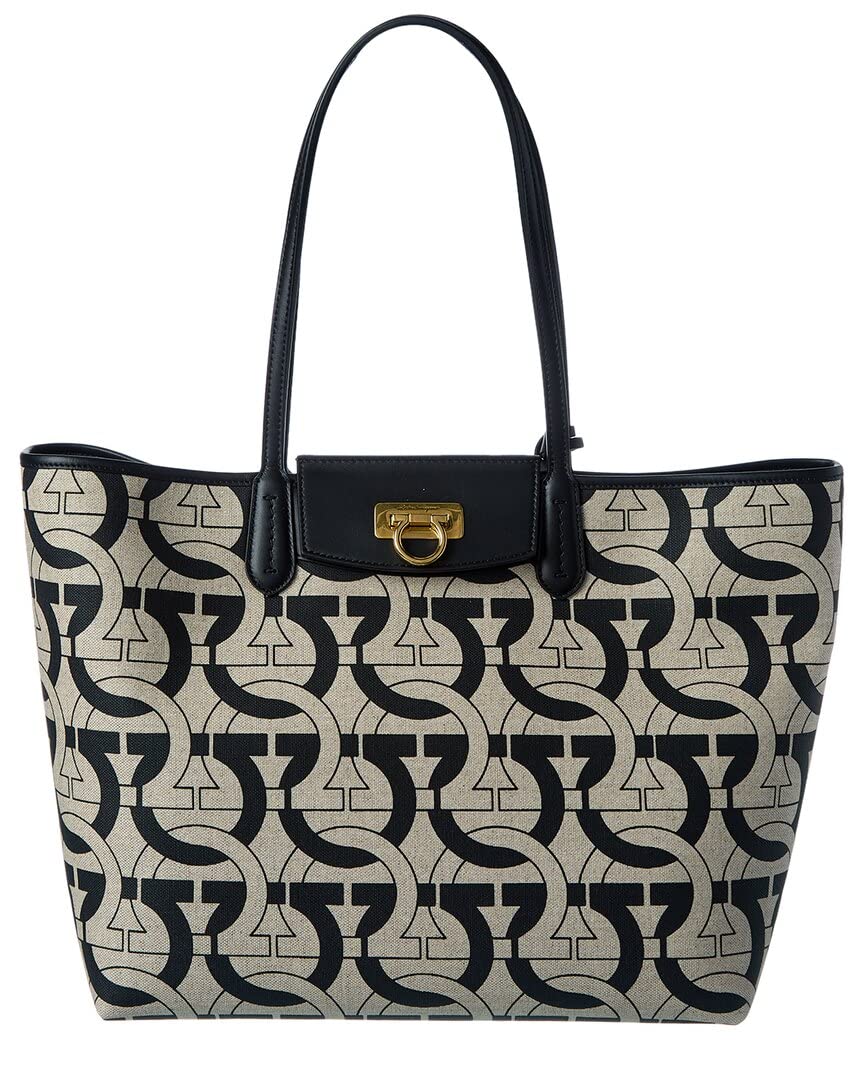 Salvatore Ferragamo Women's Travel Canvas St. Gancini Tote, St.All Gancini Nero, Black, Print, One Size