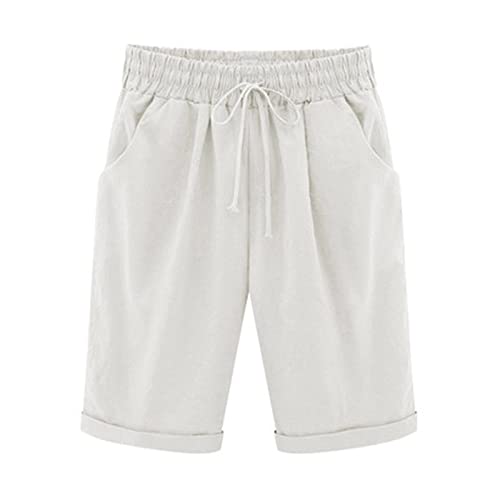 Shorts for Women High Waist Casual Summer, Half Length Printed Linen Short Workout Yoga Short Athletic Short Biker Shorts(White,XL)