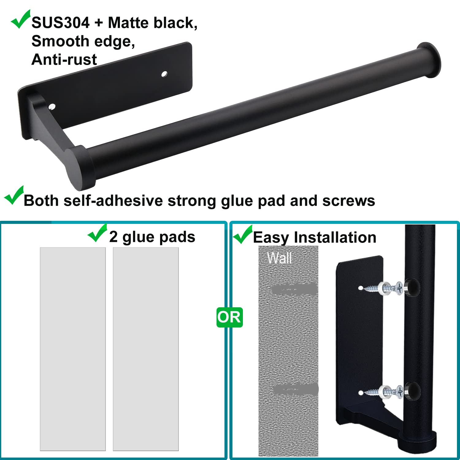 Paper Towel Holder Wall Mounted, Paper Roll Holder Under Cabinet, Matte Black Big Paper Holder Self-Adhesive for Bathroom, Kitchen and RV