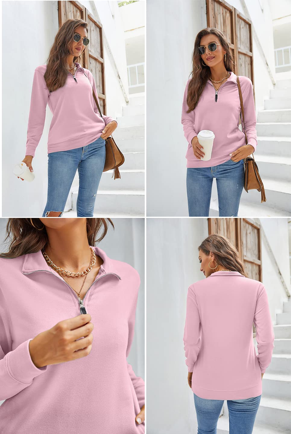 Samefar Womens Sweatshirt Long Sleeve Quarter Zip High Neck Casual Loose Pullover Sweatshirts Tops for Women Pink Large