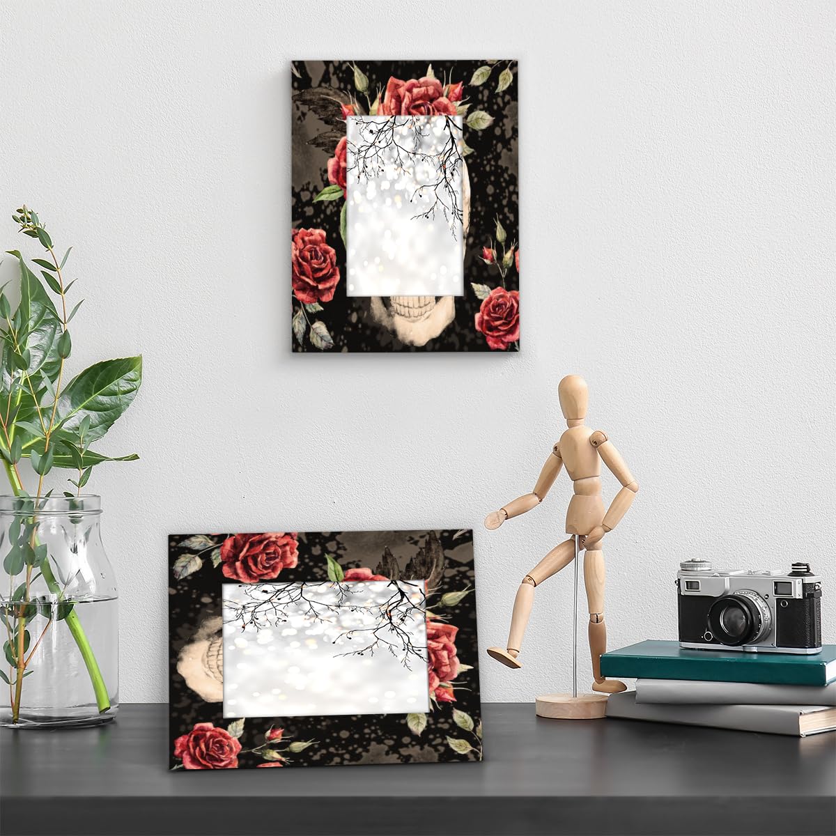 POFATO Skull Red Rose 5x7 Picture Frame Wood Photo Frame for Tabletop Display Wall Mount Picture Frame Display 5 x 7 Inch Photo Wall Decor Home Gift Frames
