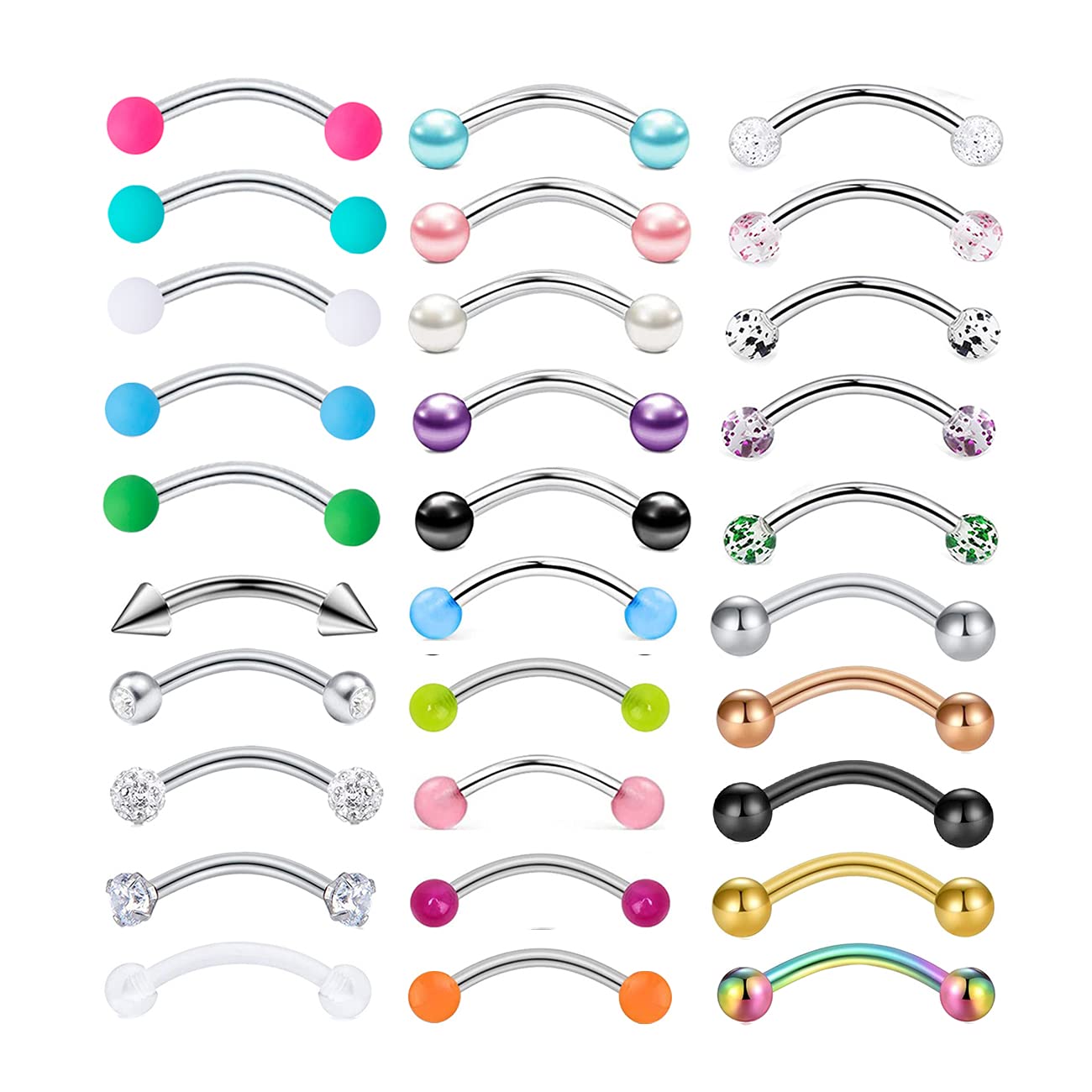 TIANCI FBYJS 30pcs 16G Curved Barbell Eyebrow Rings Piercing Surgical Steel Daith Rook Earring Cartilage Body Jewelry for Women Men 8mm