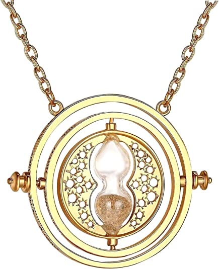 Time Turner Necklace - Time Travel Magical Hourglass Rotating - Gold Plated