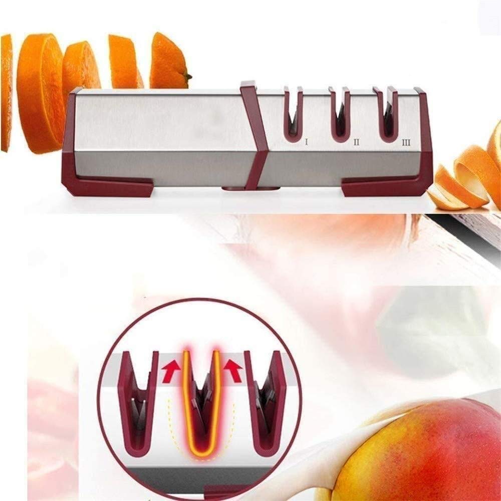 QIN Knife Sharpener, Professional Kitchen Chef 3 Slot Design, Easy Sharpening, Slip Resistant Grip, Safely Sharpen Knives, Restore Dull Knife for A Sharp Edge