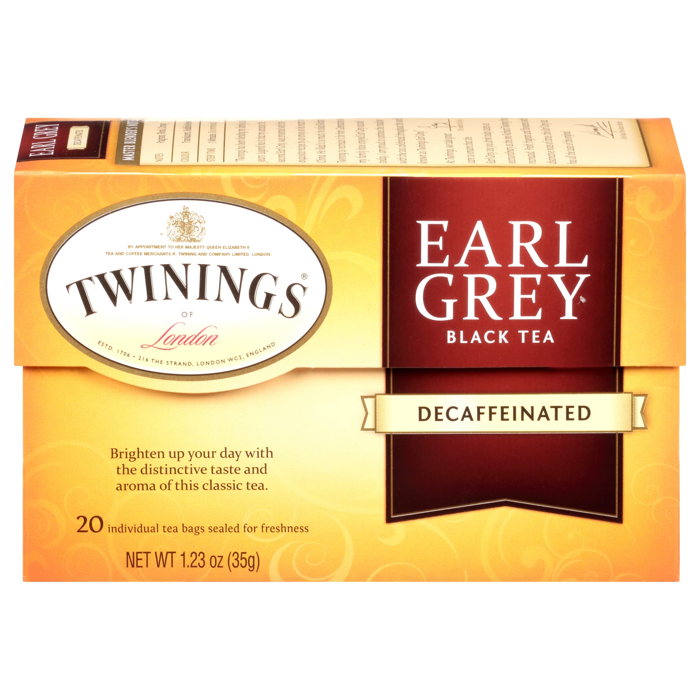 Twinings Earl Grey Decaf Black Tea - Refreshing Earl Grey Decaffeinated Tea Bags with the Flavor of Bergamot and Citrus, Individually Wrapped Decaf Tea Bags, 20 Count