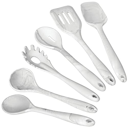 mDesign Silicone Kitchen Utensil Set - Includes Spatula/Turner, Spoonula, Solid Spoon, Slotted Spoon, Serving/Mixing Spoon, Ladle and Pasta Fork, 6 Pack, Large - Marble