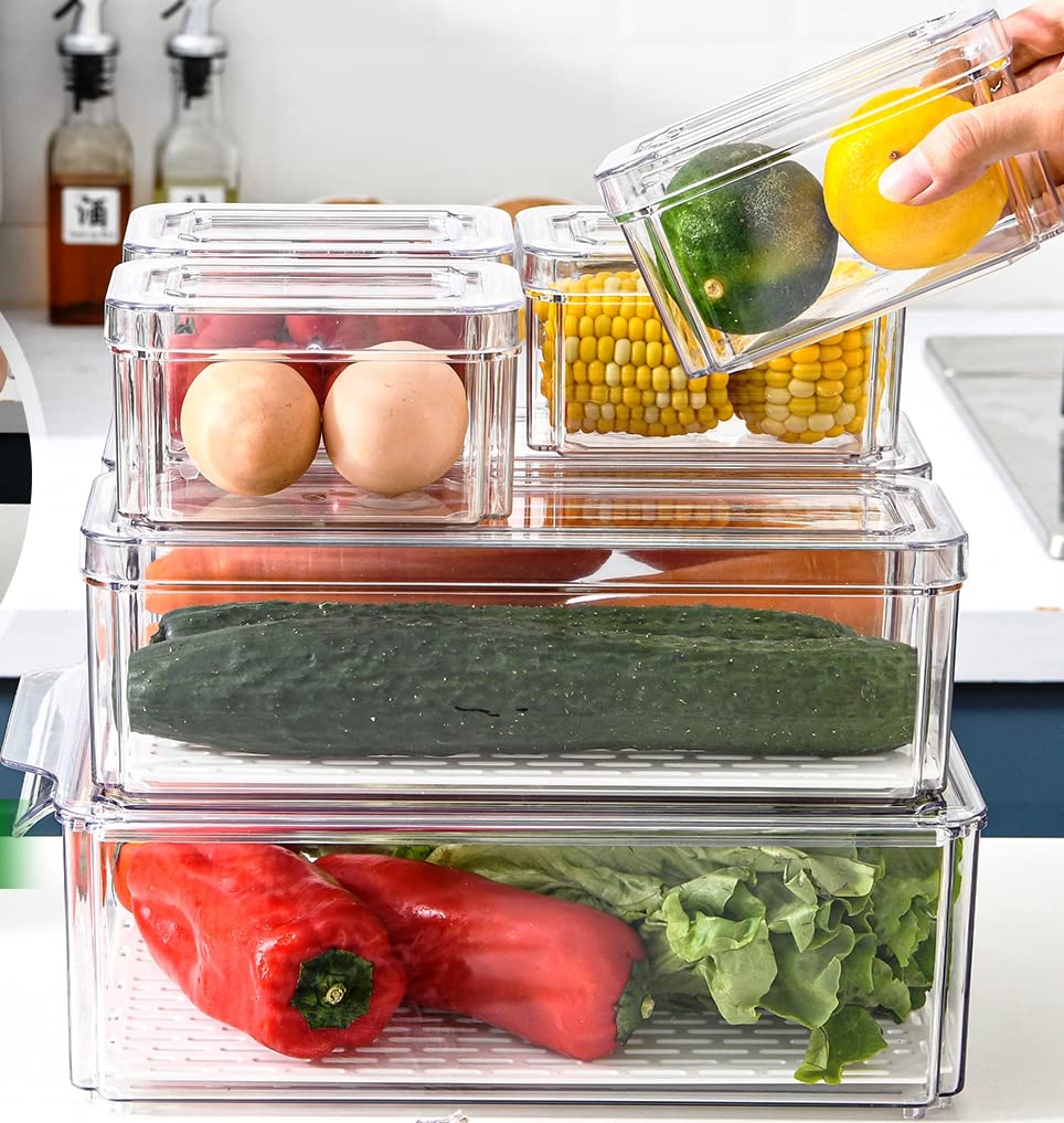 Plexel Refrigerator Organizer Bins, Fridge Organizer, Clear Plastic Food Storage Containers, Contenedores Para Organizar Cocina, Pantry Organization And Storage, with Removable Drain Tray. (7)