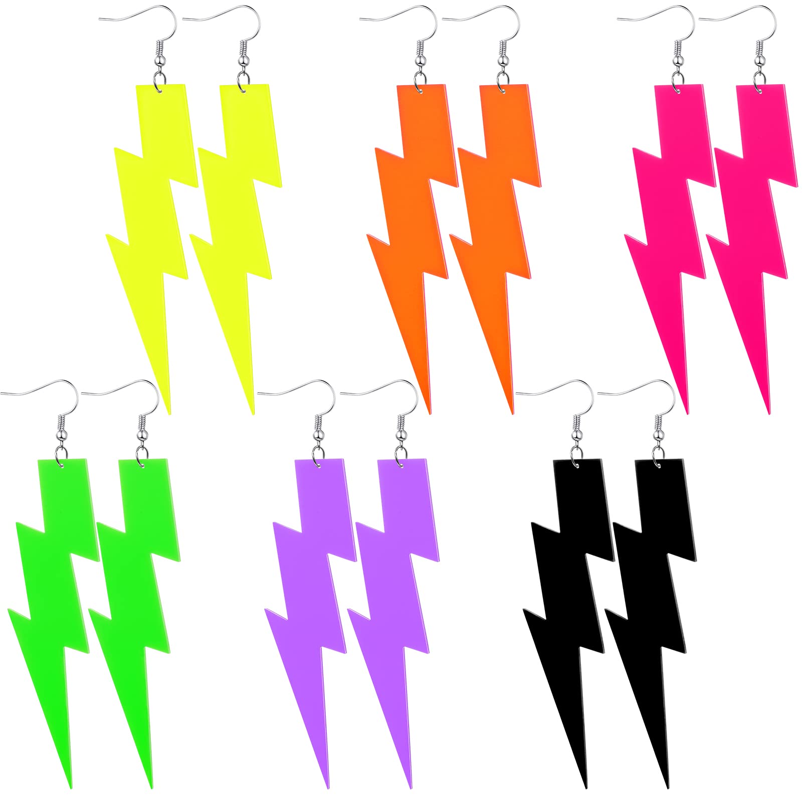 Yinkin 6 Pairs 80s 90s Neon Earrings for Women Retro Neon Earring for 80s 90s Women Outfit Accessories, 6 Colors(Lightning)